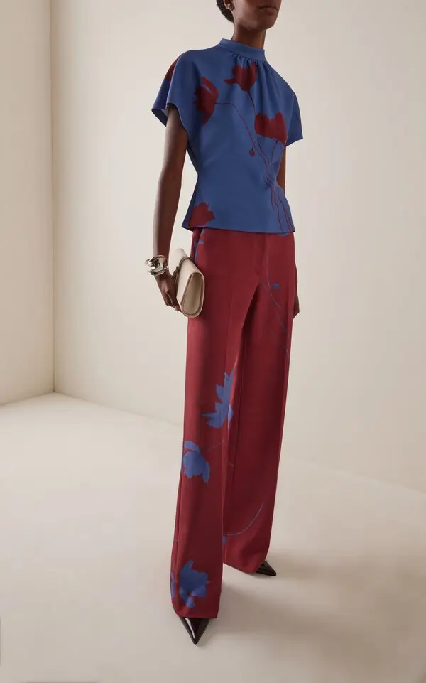 Lela Rose Printed Crepe Mock Neck Short Sleeve Top