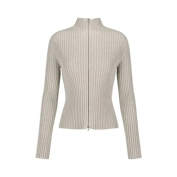 AMOMENTO Ribbed High Neck Zip Up Knit