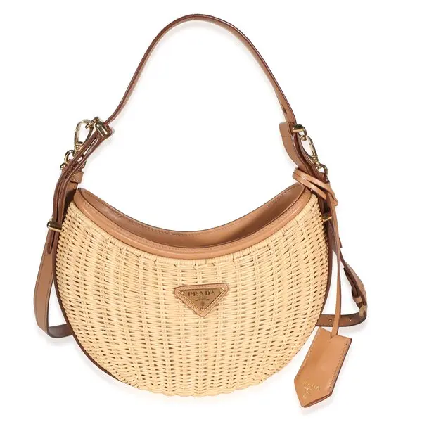 Prada Brown Natural Wicker Calfskin Arque Shoulder Bag - Beige