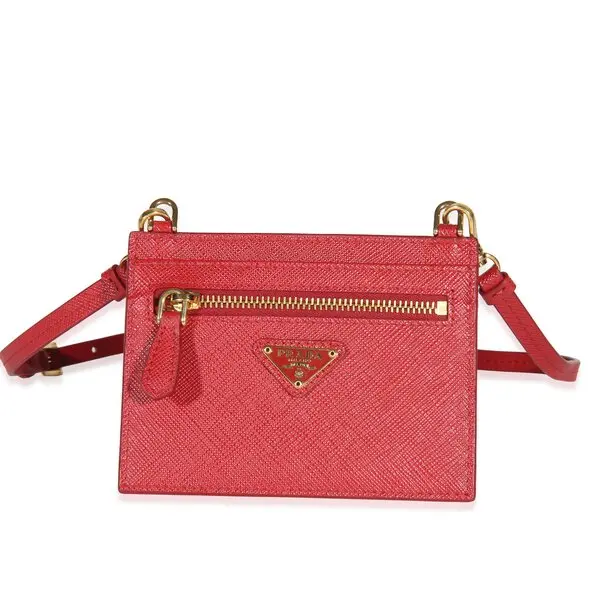 Prada Saffiano Triangle Card Holder With Strap - Red