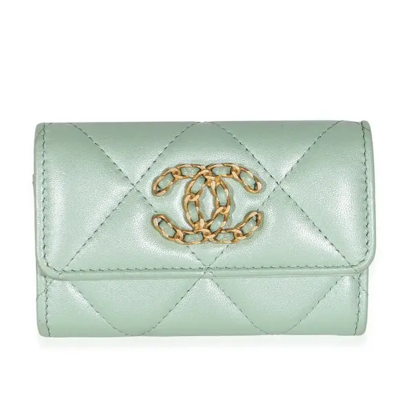 Chanel Iridescent Teal Quilted Lambskin 19 Flap Card Holder - Green