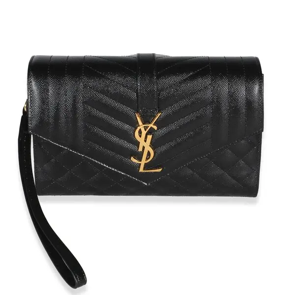 Saint Laurent Grain De Poudre Textured Mixed Matelasse Triquilt Monogram Clutch - Black
