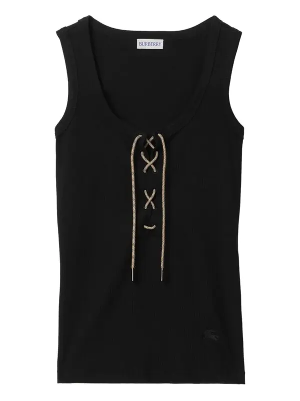 Burberry Ribbed Tank Top With Adjustable Drawstring And Embroidered Equestrian Knight Hem - Nero