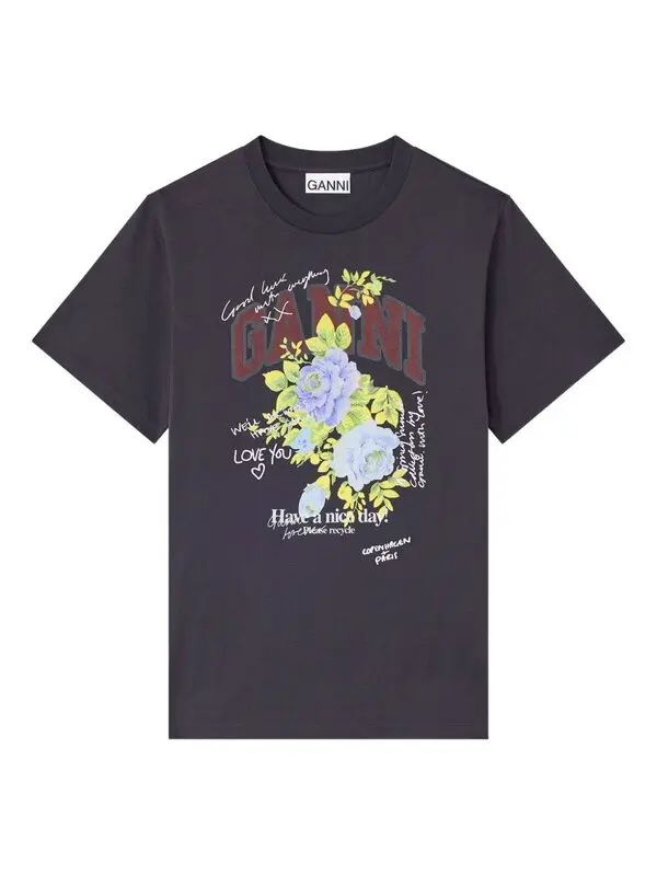 GANNI Crew Neck Cotton T-shirt With Graphic Print - Nero