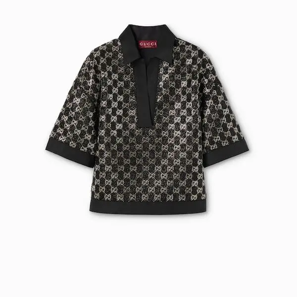 Gucci Light Wool Tweed Lamé Shirt With Gg Crystal Embellishment - Nero