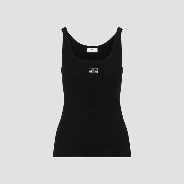 Elisabetta Franchi Wool Knit Top With Stretch Detail - Black