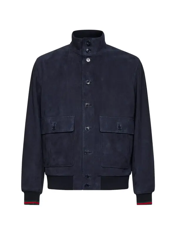 Gucci Stand-collar Leather Jacket With Dropped Shoulders And Web Trim