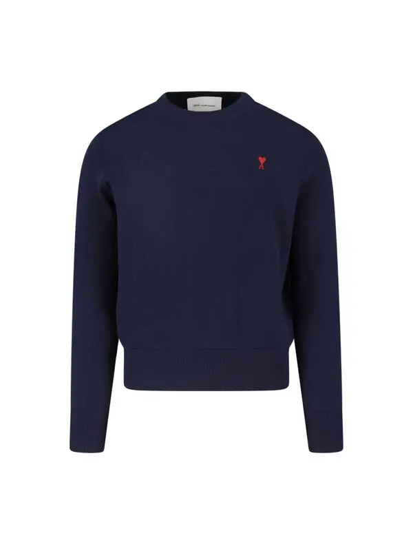 AMI Paris Embroidered 100% Merino Wool Sweater - Blue