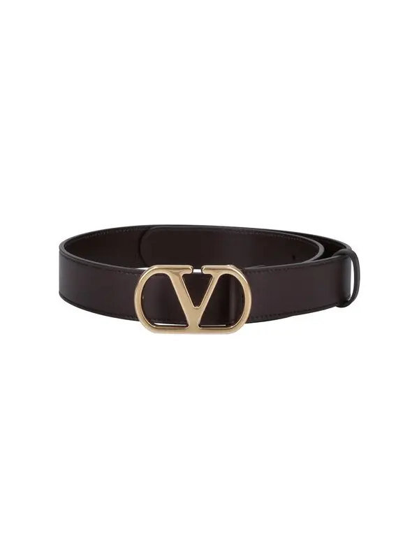 Valentino Garavani Calf Leather Belt With Gold Tone V Logo - Brown