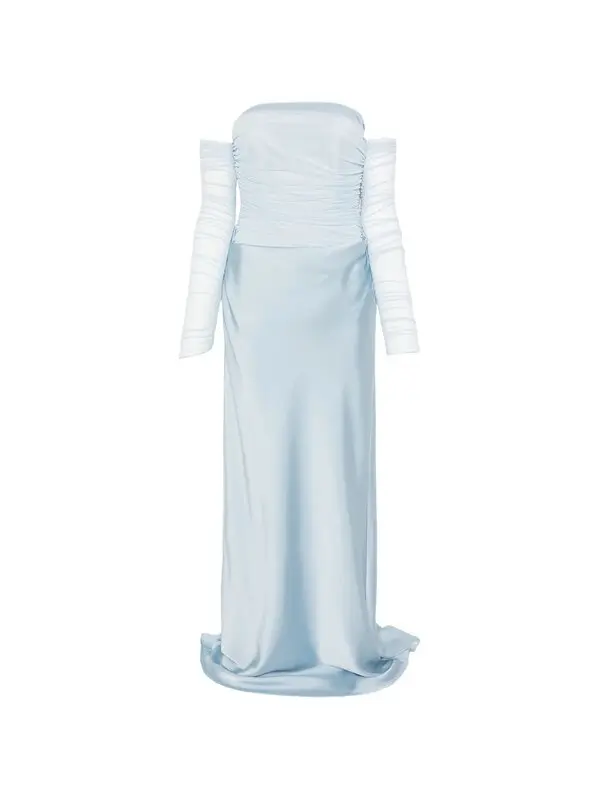 ROTATE BY BIRGER CHRISTENSEN Off-the-shoulder Maxi Dress With Sheer Mesh Sleeves And Draped Front - Azzurro