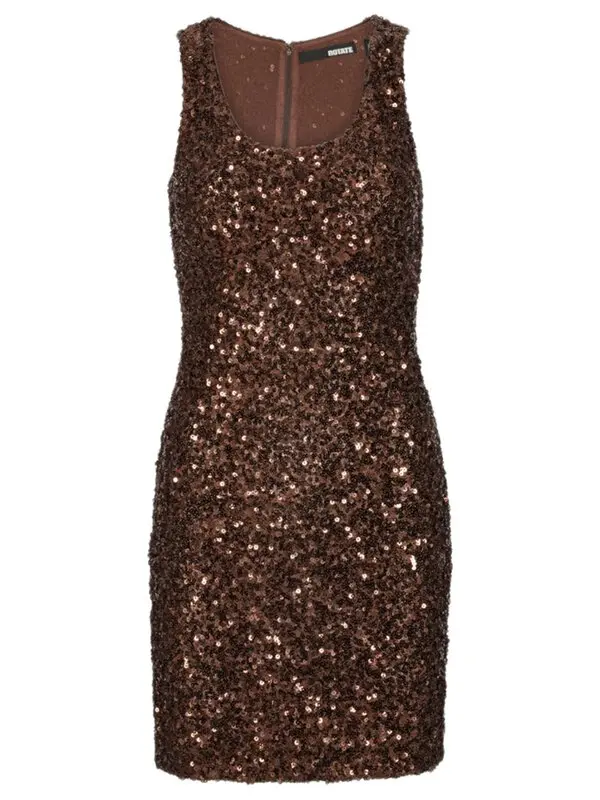 ROTATE BY BIRGER CHRISTENSEN Sequined Sleeveless Mini Dress With Boat Neck And Back Zip - Marrone