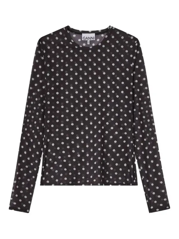 GANNI Polka Dot Sheer Round Neck Long Sleeve Top - Nero