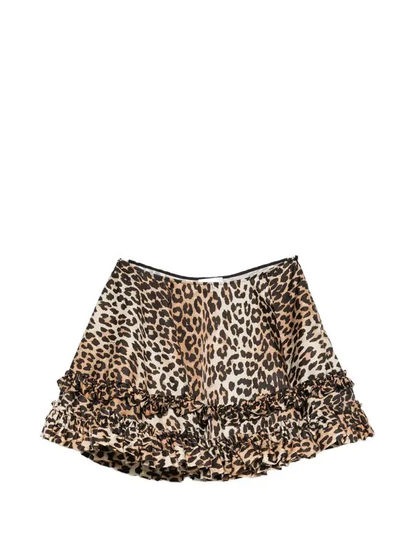 GANNI Leopard Print Mini Skirt With Ruffled Hem And Side Zip - Marrone