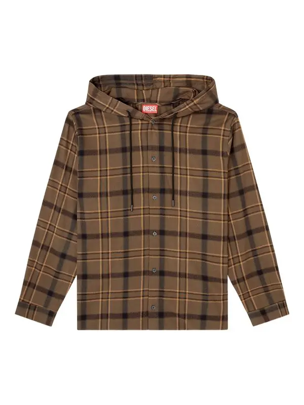 DIESEL® Hooded Button-front Shirt With Adjustable Drawstring & Distressed Logo