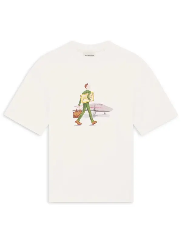 Drole De Monsieur Ribbed Neckline Cotton T-shirt With Front Tableau Print - Bianco