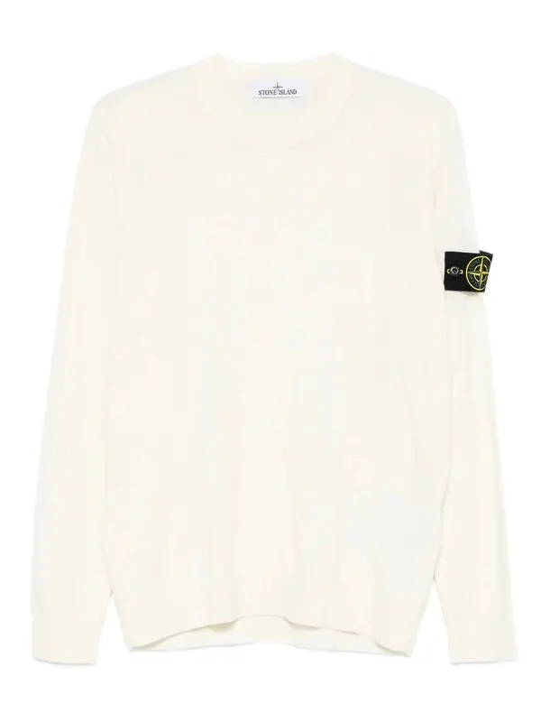 Stone Island Ribbed Neckline Virgin Wool Sweater With Logo Badge - Bianco