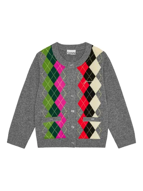 GANNI Merino Wool & Cashmere Check Knit Cardigan With Embroidered Logo - Grigio