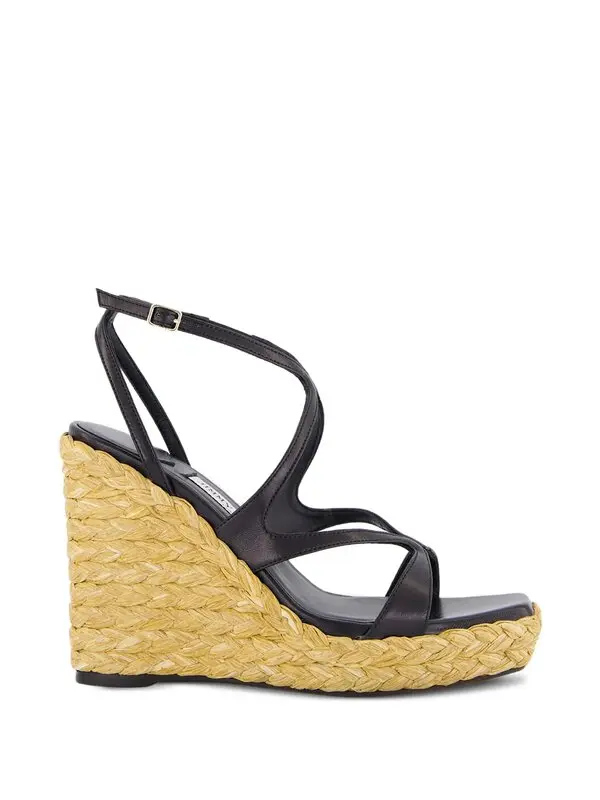 JIMMY CHOO Raffia Wedge Sandals With Adjustable Ankle Strap - Nero