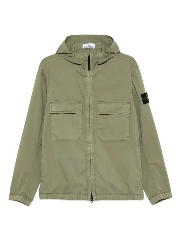 Stone Island Hooded Cotton Jacket With Reinforced Contour Drawstring, Chest Pockets & Two-way Zip - Verde