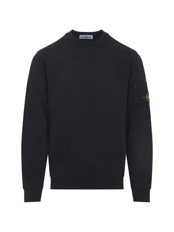 Stone Island Elasticated Ribbed Crew Neck Sweatshirt With Left Sleeve Ripstop Pocket - Blu