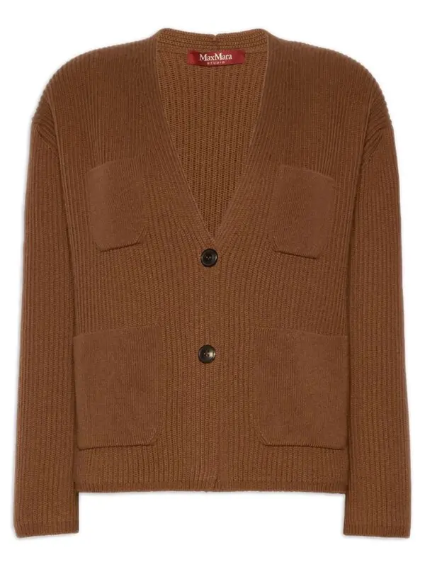 Max Mara Wool And Cashmere Cardigan For V-neck, Horn Button Closure, Dropped-shoulder Long Sleeves - Marrone