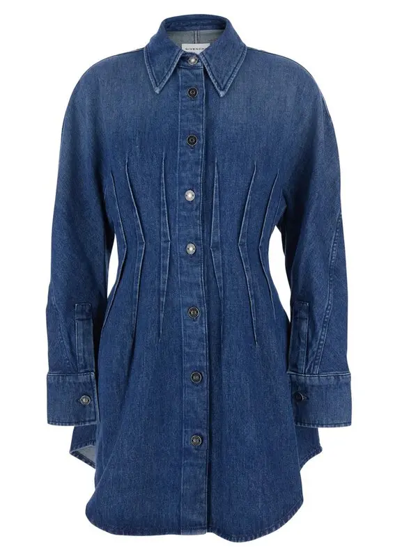 Givenchy Classic Collared Button-up Denim Dress With Cinched Waist And Pleated Front - Blu