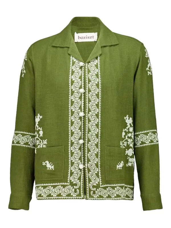 BAZISZT Embroidered Cotton Camp-collar Shirt With Button Front & Patch Pockets
