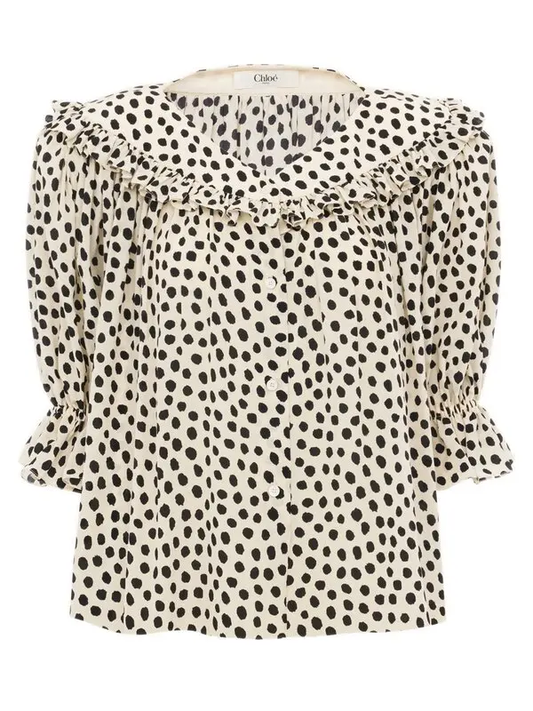 Chloé Puff-sleeve Dotted Silk Blouse With Elbow-length Sleeves