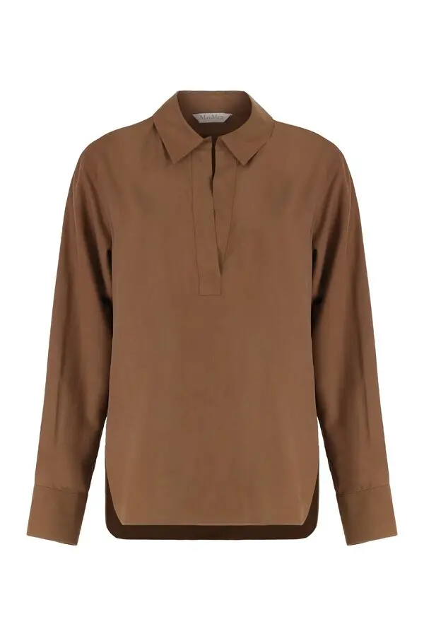 Max Mara Washed Silk Polo Shirt With Rounded Back Hem - Bronze