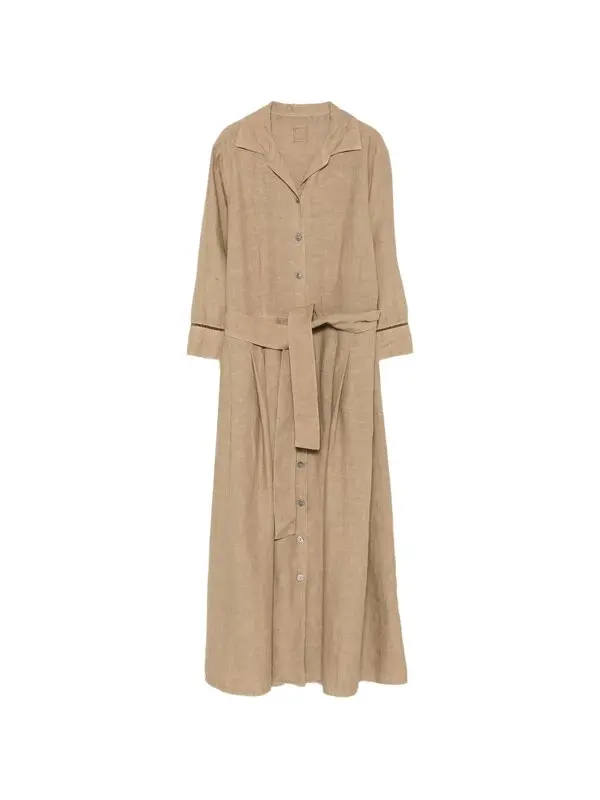 120% Lino Linen Mini Dress With Short Sleeves And Belted Waist - Verde