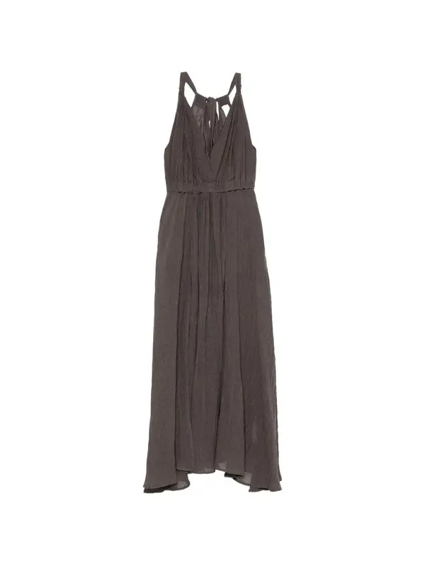 120% Lino Linen Mini Dress With Adjustable Back Closure, V-neck & Slit Skirt - Marrone