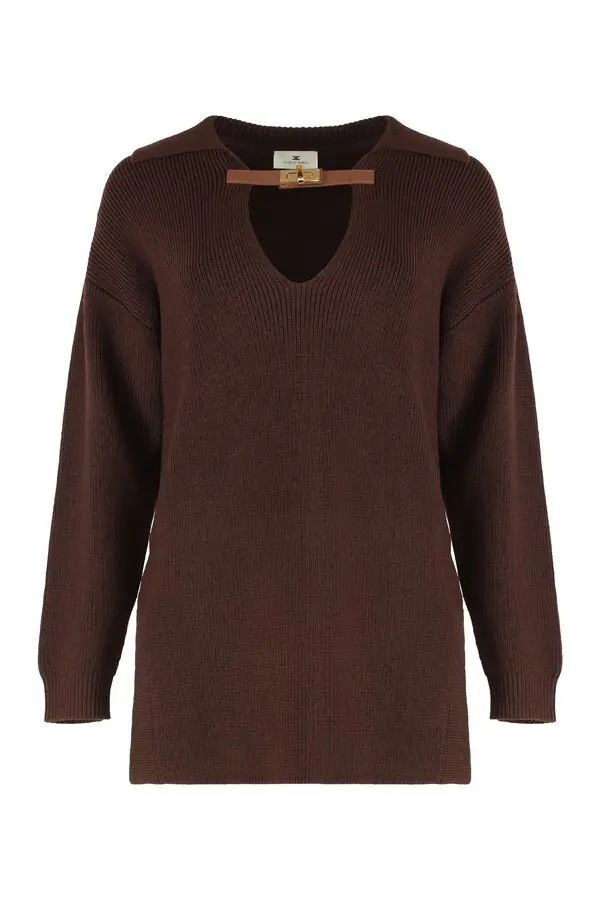 Elisabetta Franchi Mixed Wool Sweater With Jewel Strap And Tortoiseshell-effect Detail - Brown