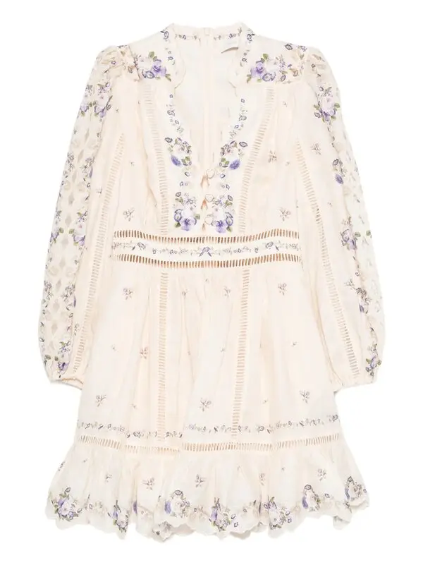 Zimmermann Deep V-neckline Rouleau Button Linen Mini Dress With Scalloped Trim - Bianco