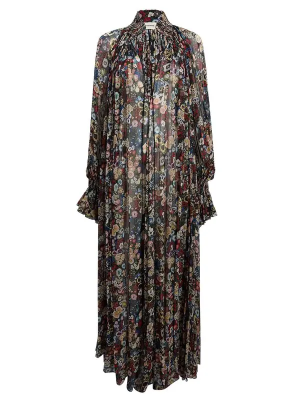 Khaite High Stand Collar Silk Blouse Dress With Billowing Sleeves