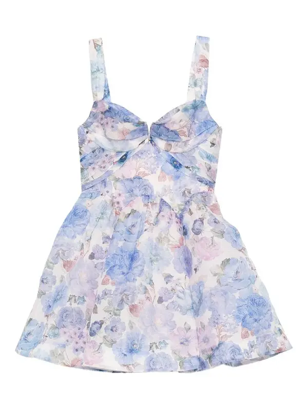 Zimmermann Silk & Linen Blend Mini Dress With Keyhole Neckline And Tulle Underlay - Azzurro