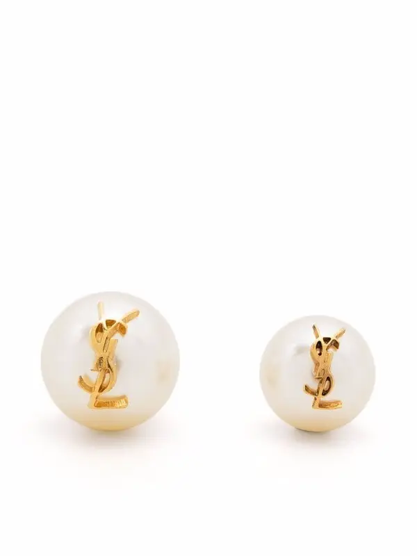 Saint Laurent Pearl And Monogram Stud Earrings - Bianco