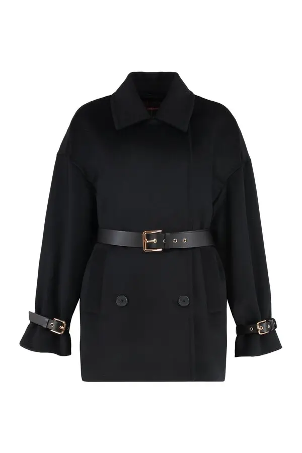 Max Mara Pausa Double-breasted Virgin Wool Jacket With Waist Belt - Black