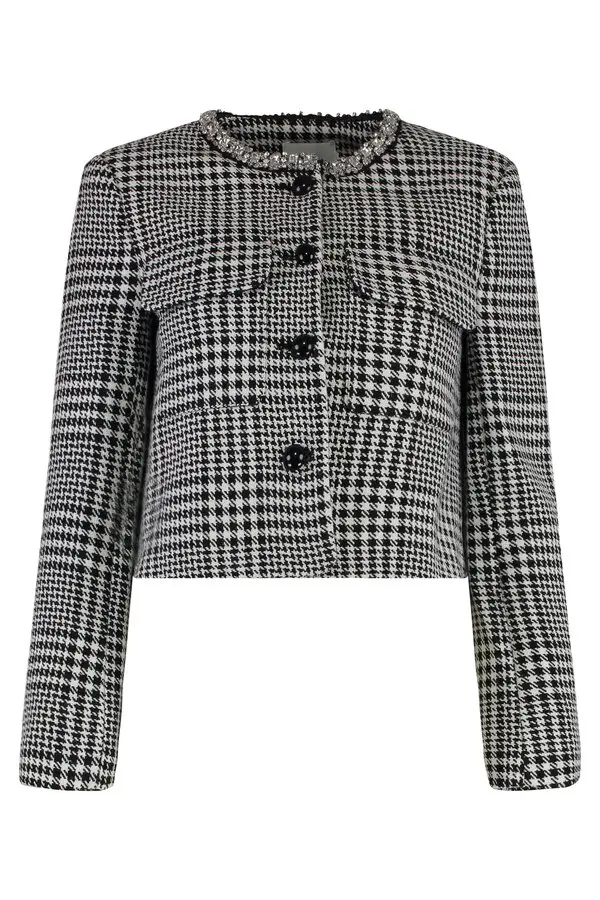 SELF-PORTRAIT Prince Of Wales Check Jacquard Knit Jacket With Embellished Collar - White