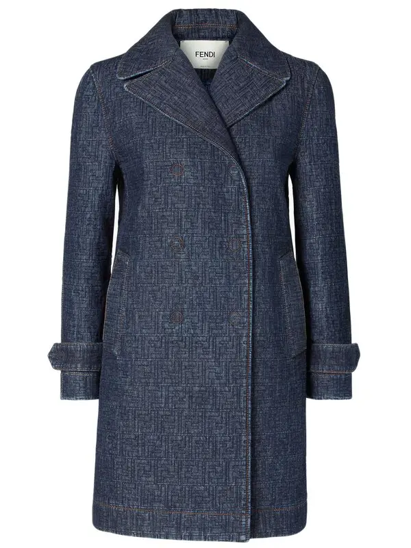 Fendi Quilted Ff Motif Denim Double-breasted Midi Jacket - Blu