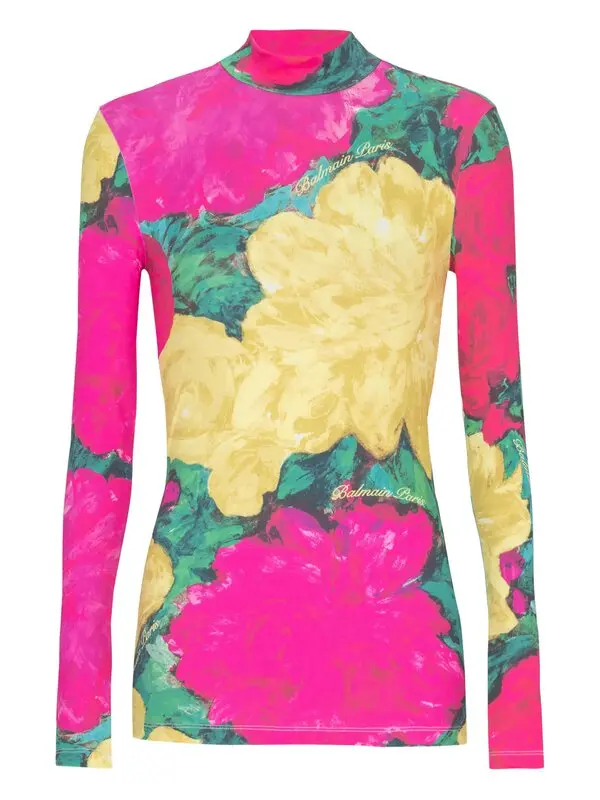 Balmain Roses Print High Neck Long Sleeve T-shirt - Multicolor