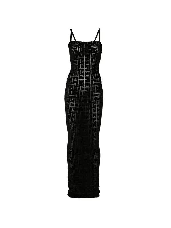 Balmain Style Long Velvet Monogram Dress With Thin Shoulder Straps - Nero