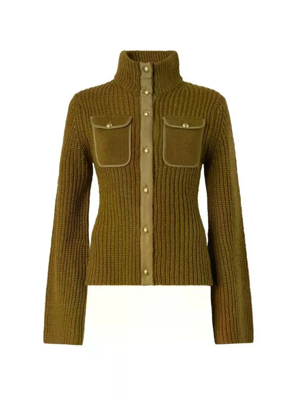 Pinko Ribbed Knit Buttoned Cardigan With High Neck - Green