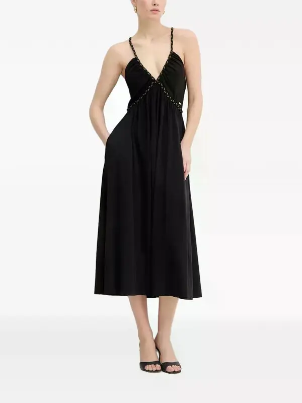 FRACOMINA V-neck Sleeveless Midi Dress With Smocked Back And Wide Skirt