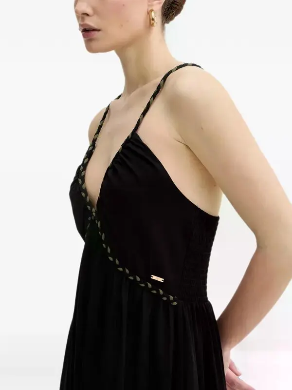 FRACOMINA V-neck Sleeveless Midi Dress With Smocked Back And Wide Skirt