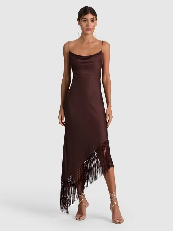 Alice + Olivia Harmony Asymmetrical Fringe Maxi Dress - Dark Chocolate