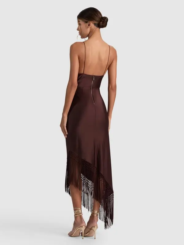 Alice + Olivia Harmony Asymmetrical Fringe Maxi Dress - Dark Chocolate