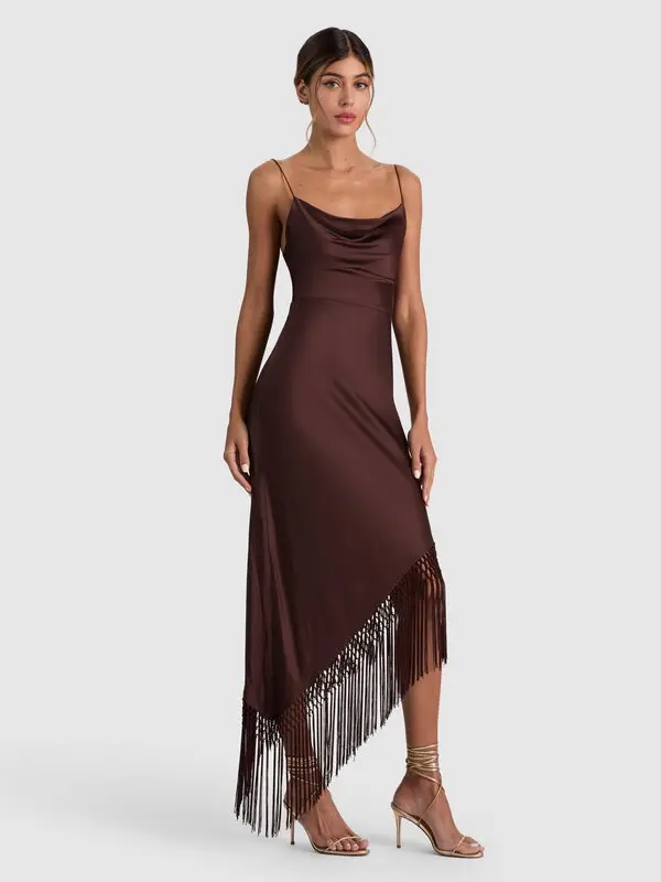 Alice + Olivia Harmony Asymmetrical Fringe Maxi Dress - Dark Chocolate