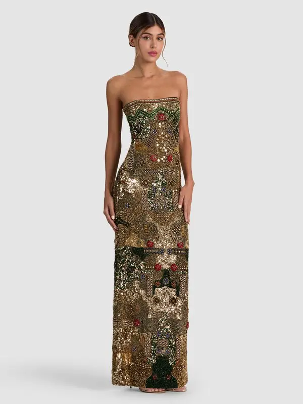 Alice + Olivia Embellished Strapless Gown - Gold/multi