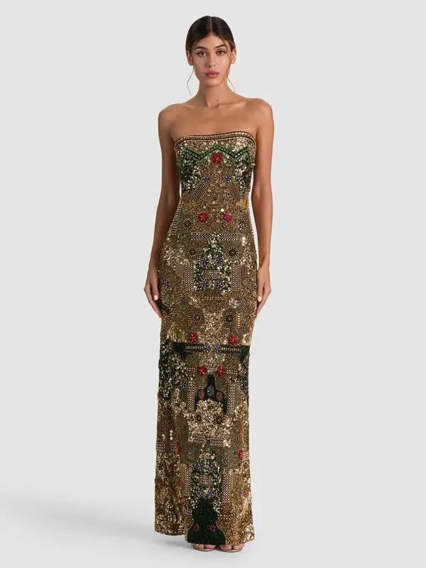 Alice + Olivia Embellished Strapless Gown - Gold/multi