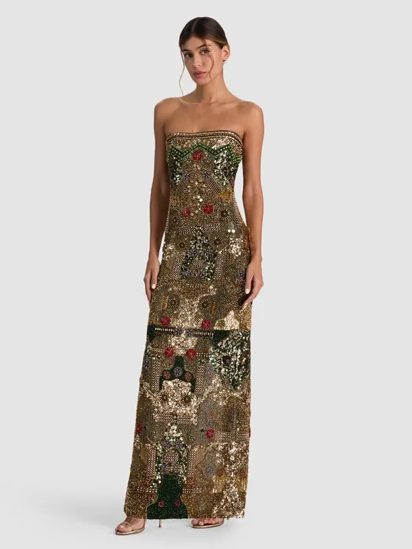 Alice + Olivia Embellished Strapless Gown - Gold/multi